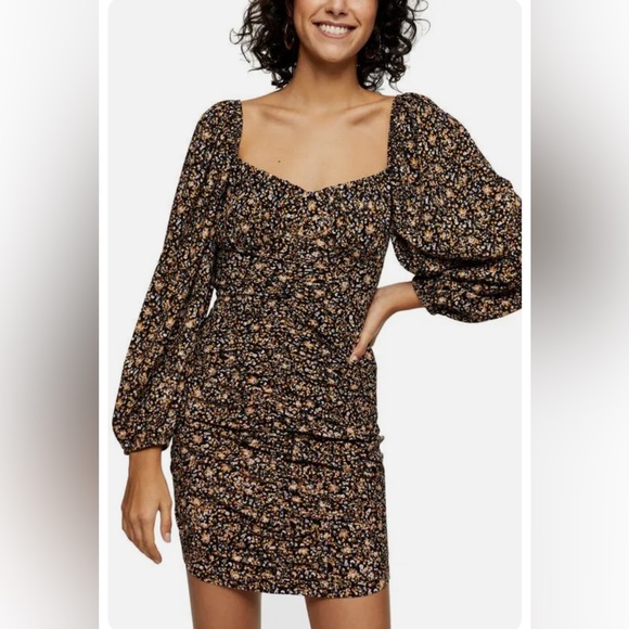 Topshop | Dresses | Topshop Ruched Long Puff Sleeve Mini Tea Dress ...